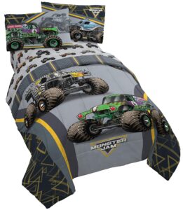 jay franco monster jam mj life 5 piece full bed set-includes reversible comforter&sheet set-bedding features grave digger, max-d, megalodon-super soft microfiber-(official monster jam product)