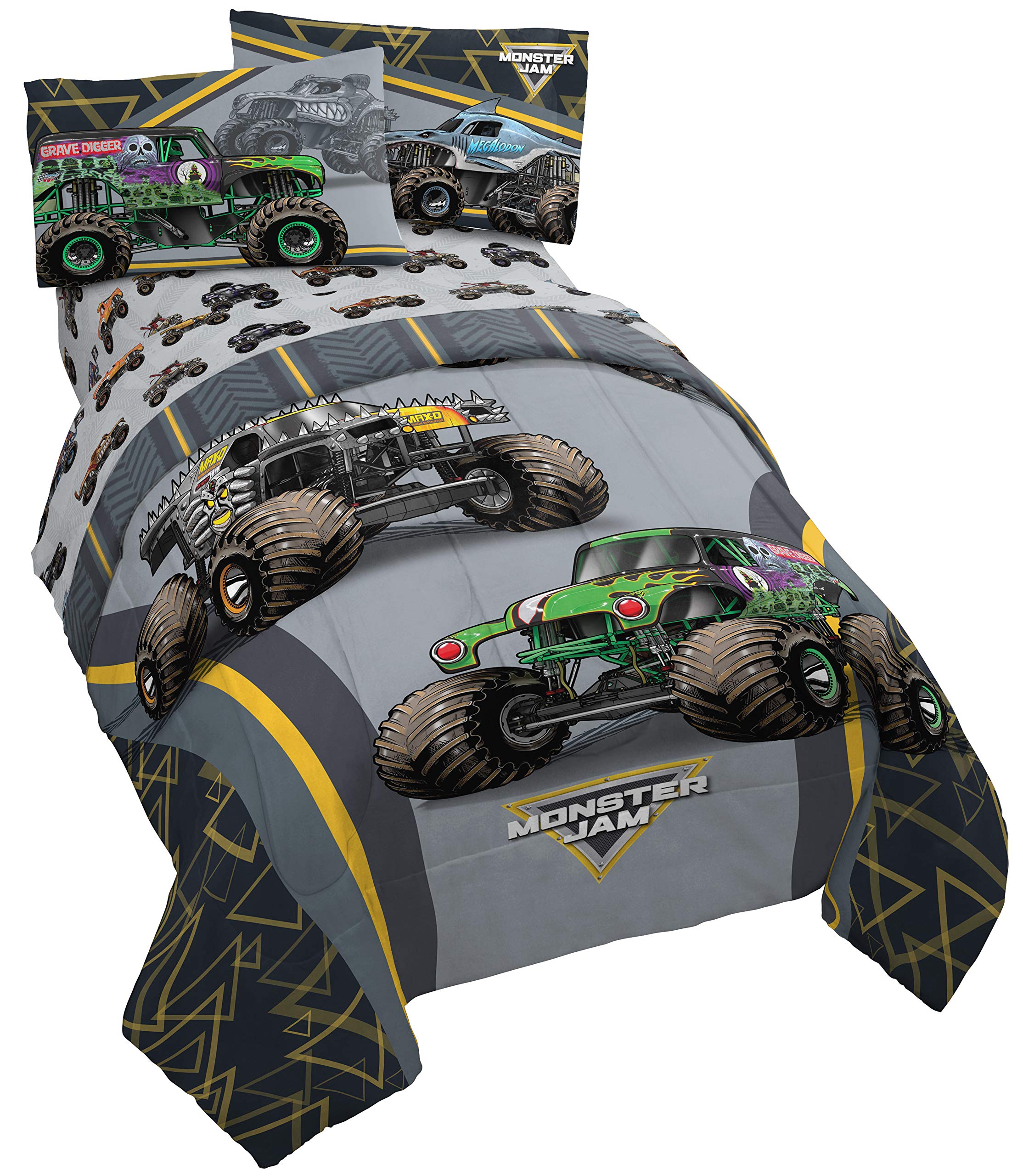 Jay franco Monster Jam MJ Life 5 Piece Full Bed Set-Includes Reversible Comforter&Sheet Set-Bedding Features Grave Digger, Max-D, Megalodon-Super Soft Microfiber-(Official Monster Jam Product)