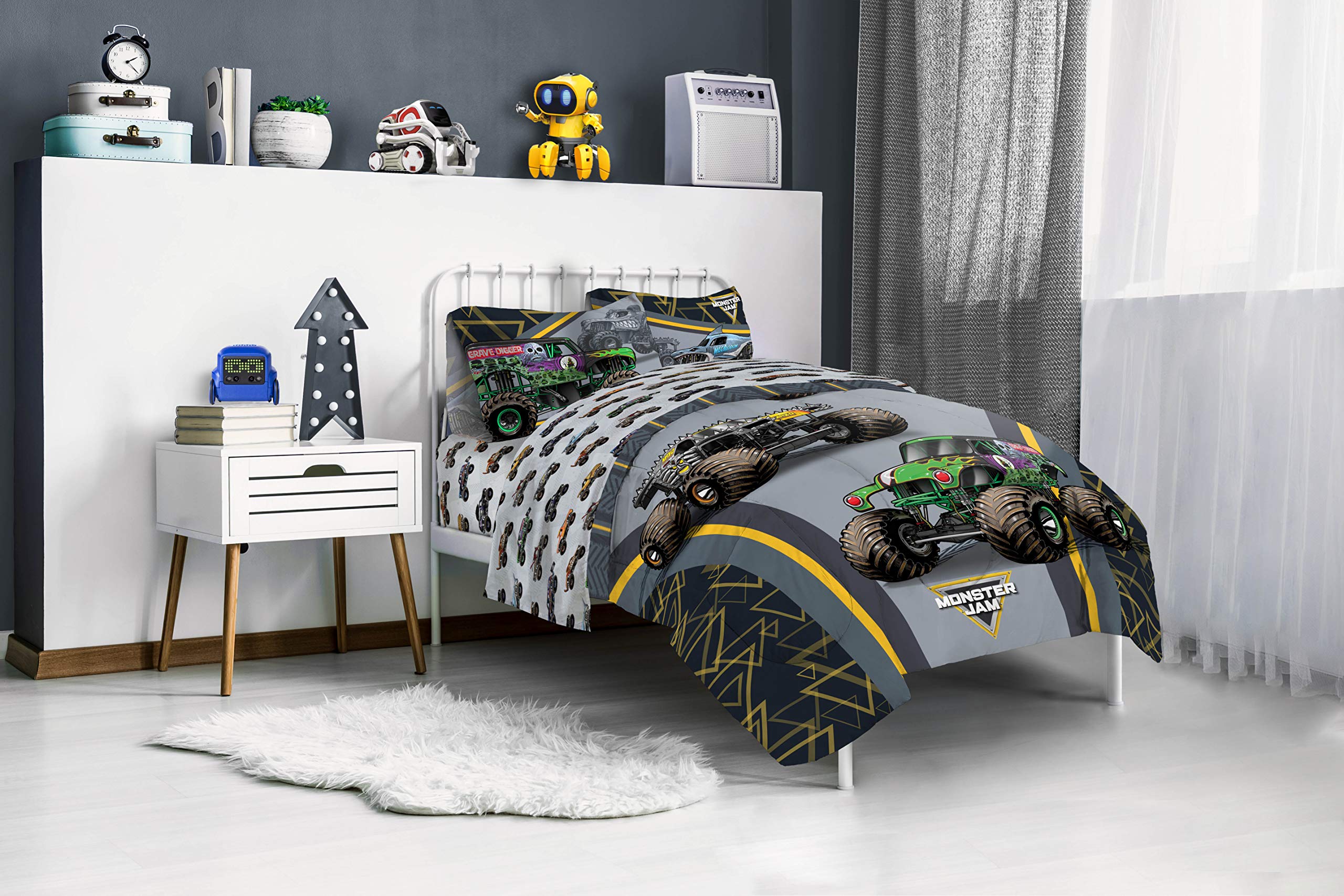 Jay franco Monster Jam MJ Life 5 Piece Full Bed Set-Includes Reversible Comforter&Sheet Set-Bedding Features Grave Digger, Max-D, Megalodon-Super Soft Microfiber-(Official Monster Jam Product)