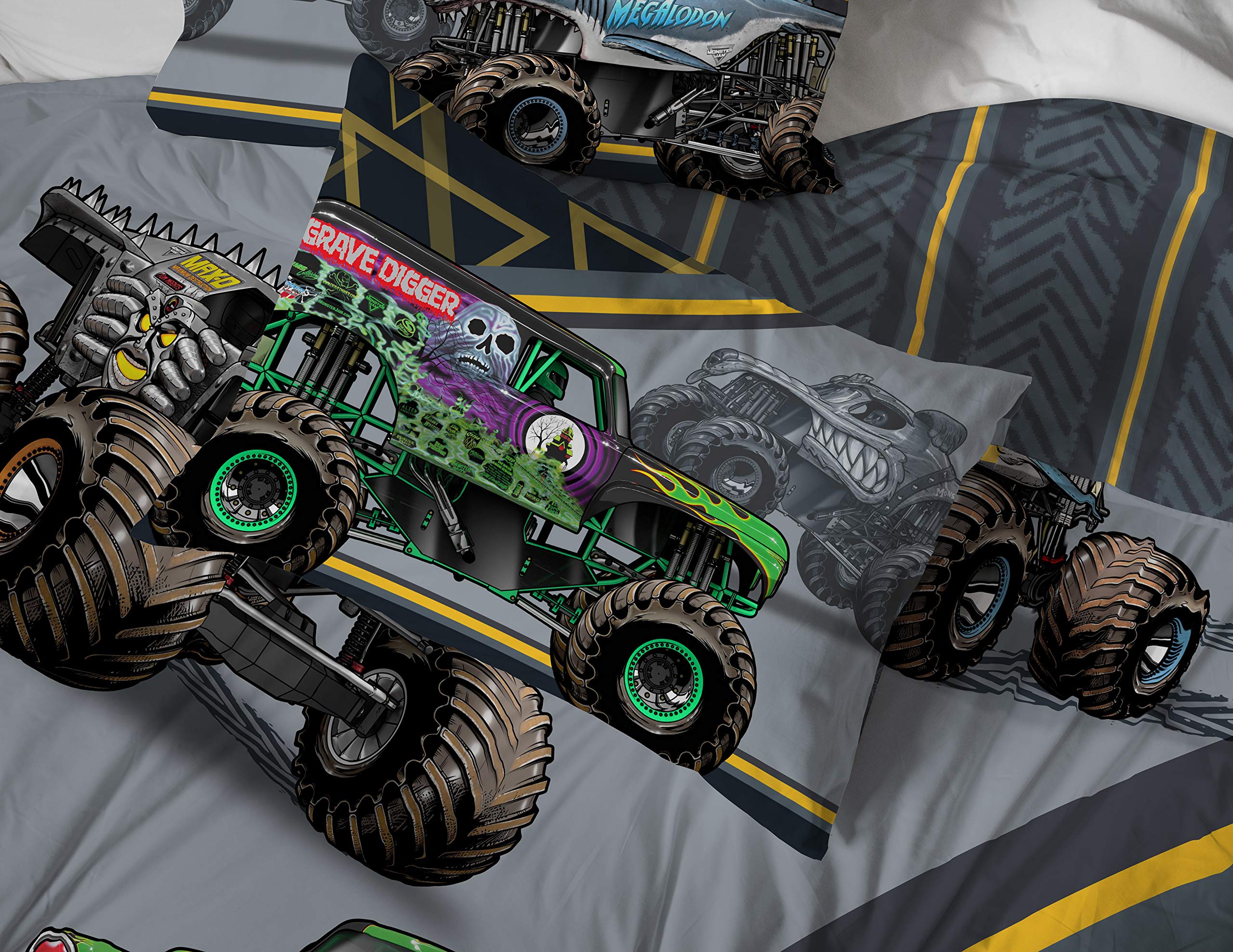 Jay franco Monster Jam MJ Life 5 Piece Full Bed Set-Includes Reversible Comforter&Sheet Set-Bedding Features Grave Digger, Max-D, Megalodon-Super Soft Microfiber-(Official Monster Jam Product)