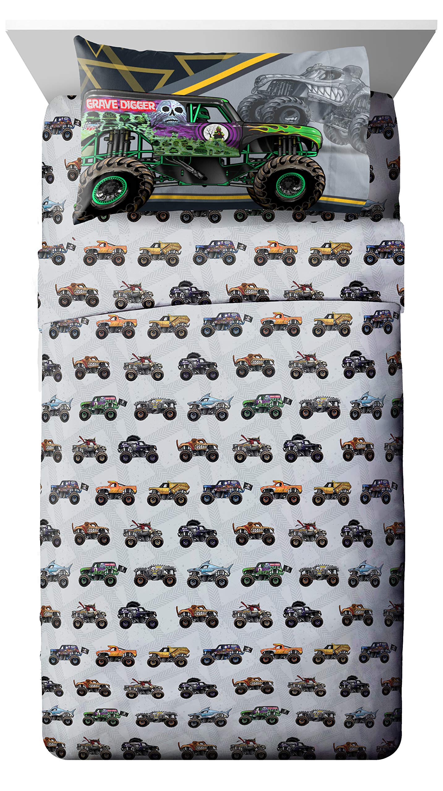 Jay franco Monster Jam MJ Life 5 Piece Full Bed Set-Includes Reversible Comforter&Sheet Set-Bedding Features Grave Digger, Max-D, Megalodon-Super Soft Microfiber-(Official Monster Jam Product)