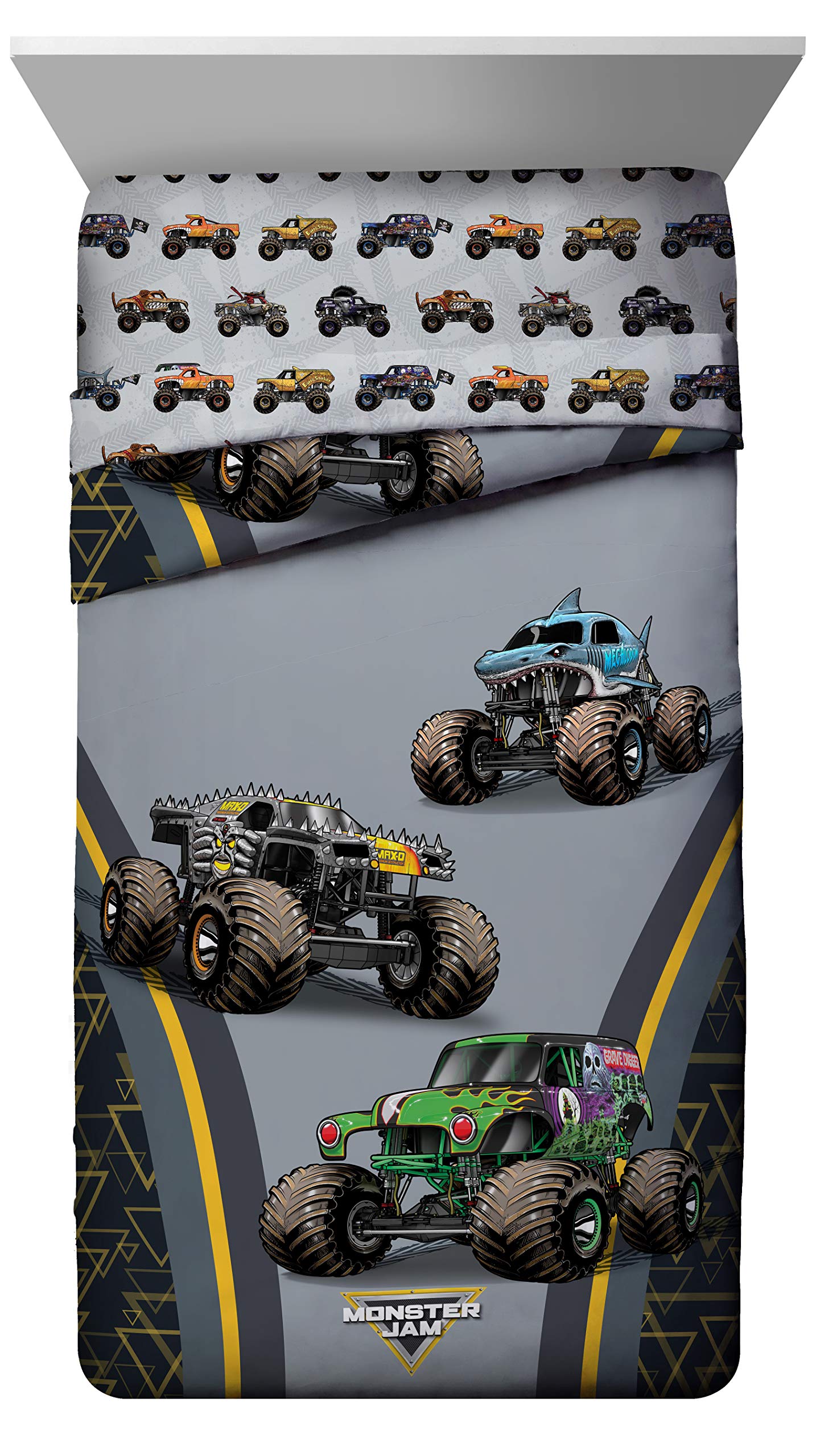 Jay franco Monster Jam MJ Life 5 Piece Full Bed Set-Includes Reversible Comforter&Sheet Set-Bedding Features Grave Digger, Max-D, Megalodon-Super Soft Microfiber-(Official Monster Jam Product)