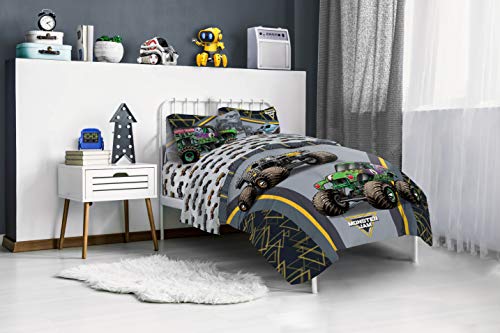 Jay franco Monster Jam MJ Life 4 Piece Twin Bed Set-Includes Reversible Comforter&Sheet Set-Bedding Features Grave Digger, Max-D, Megalodon-Super Soft Microfiber-(Official Monster Jam Product)