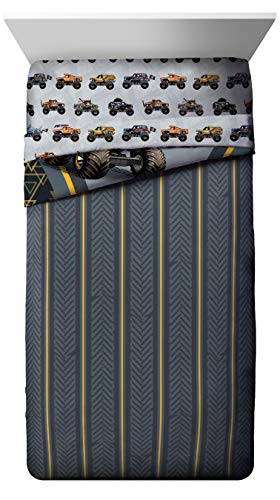 Jay franco Monster Jam MJ Life 4 Piece Twin Bed Set-Includes Reversible Comforter&Sheet Set-Bedding Features Grave Digger, Max-D, Megalodon-Super Soft Microfiber-(Official Monster Jam Product)