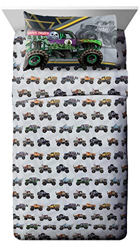 Jay franco Monster Jam MJ Life 4 Piece Twin Bed Set-Includes Reversible Comforter&Sheet Set-Bedding Features Grave Digger, Max-D, Megalodon-Super Soft Microfiber-(Official Monster Jam Product)