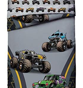 Jay franco Monster Jam MJ Life 4 Piece Twin Bed Set-Includes Reversible Comforter&Sheet Set-Bedding Features Grave Digger, Max-D, Megalodon-Super Soft Microfiber-(Official Monster Jam Product)