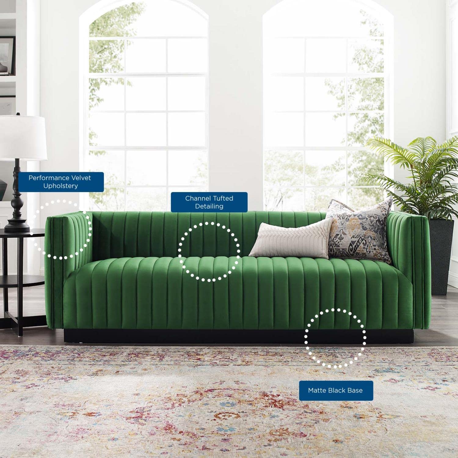 Modway Conjure Channel Tufted Upholstered Performance Velvet Sofa in Emerald