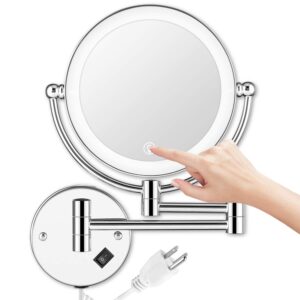 amznevo wall mounted lighted makeup mirror, 8 inch double-sided 1x 5x magnifying mirror for bathroom, 11'' extendable arm, 360° swivel, touch dimmableled lights, powered by plug in, chrome