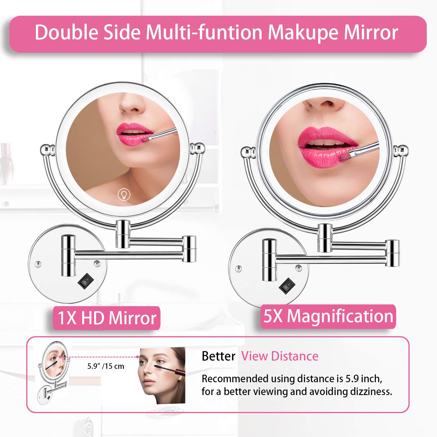 AMZNEVO Wall Mounted Lighted Makeup Mirror, 8 Inch Double-Sided 1X 5X Magnifying Mirror for Bathroom, 11'' Extendable Arm, 360° Swivel, Touch DimmableLED Lights, Powered by Plug in, Chrome