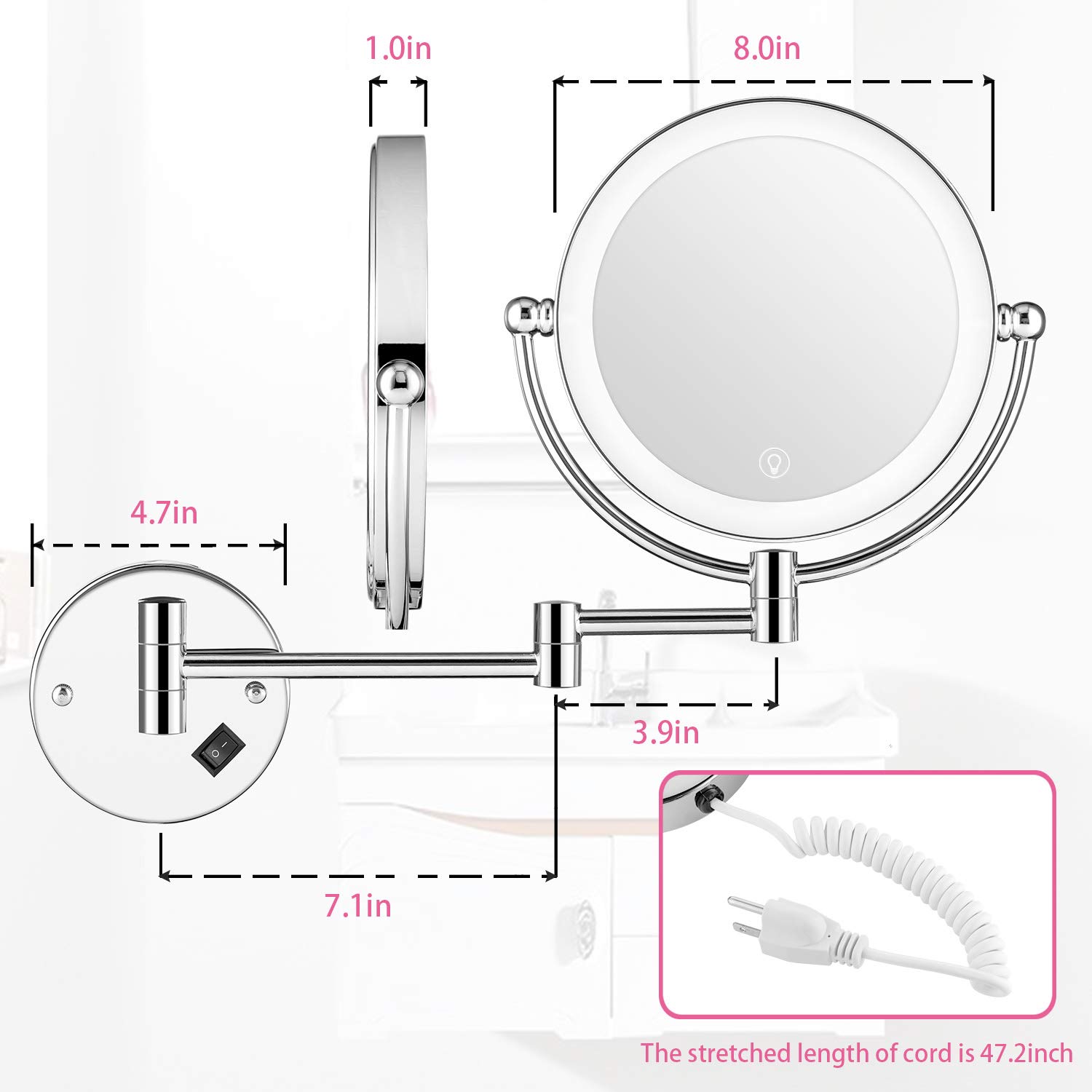 AMZNEVO Wall Mounted Lighted Makeup Mirror, 8 Inch Double-Sided 1X 5X Magnifying Mirror for Bathroom, 11'' Extendable Arm, 360° Swivel, Touch DimmableLED Lights, Powered by Plug in, Chrome