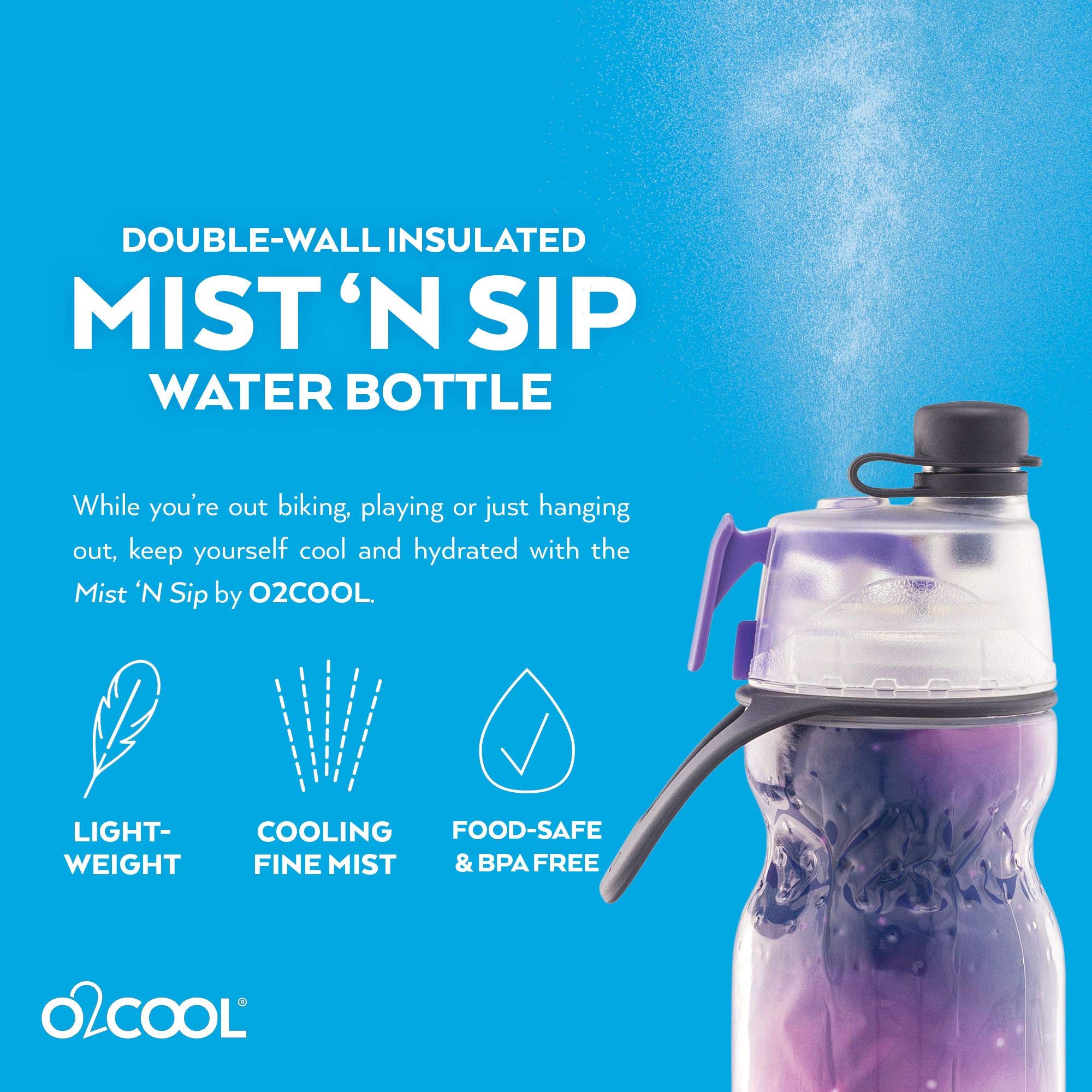 O2COOL Mist 'N Sip Misting Water Bottle 2-in-1 Mist And Sip Function With No Leak Pull Top Spout Sports Water Bottle Reusable Water Bottle - 20 oz (Celestial Purple)