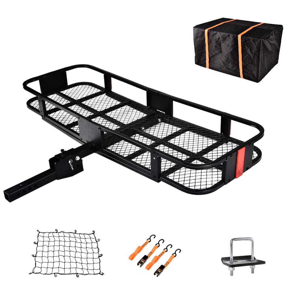 TITIMO 60"x21"x6" Folding Hitch Mount Cargo Carrier - Luggage Basket Rack Fits 2" Receiver - Rear Cargo Rack for SUV, Truck, Car(Includes Cargo Net, Ratchet Straps, Waterproof Cover) - 550LB Capacity