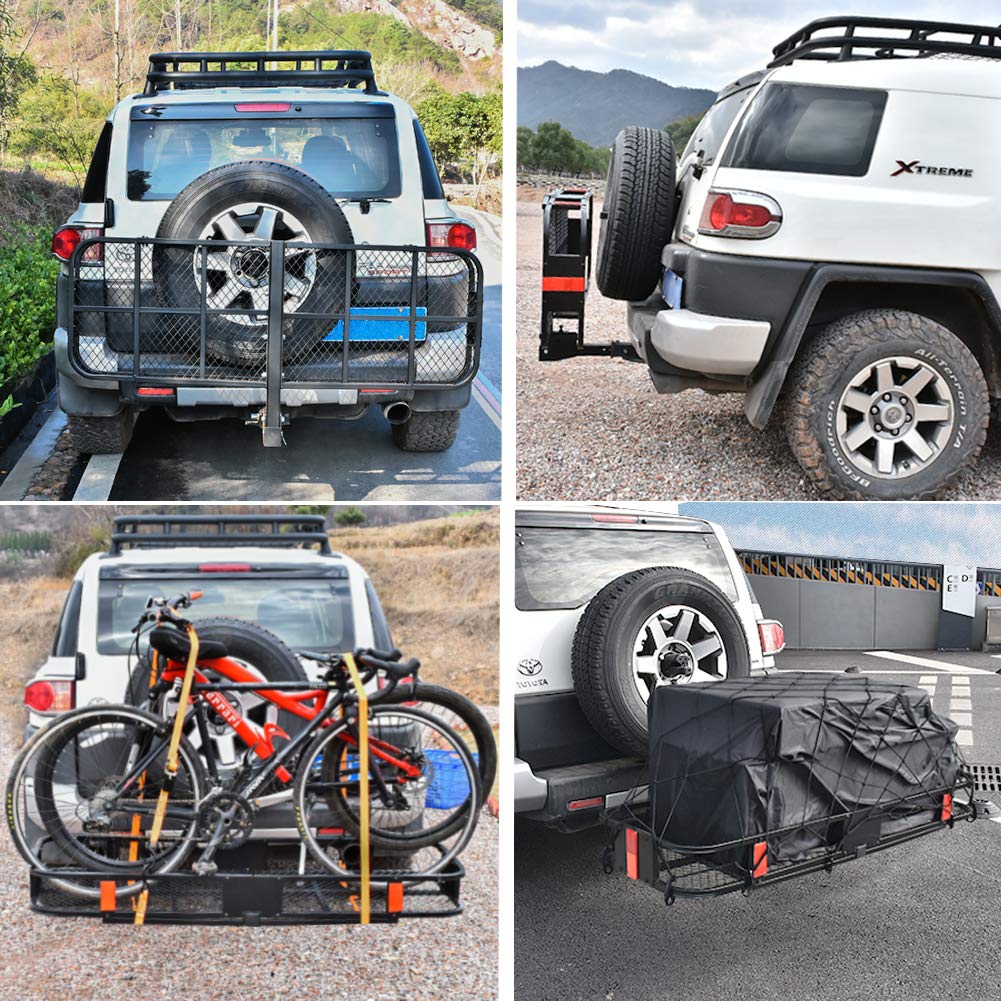 TITIMO 60"x21"x6" Folding Hitch Mount Cargo Carrier - Luggage Basket Rack Fits 2" Receiver - Rear Cargo Rack for SUV, Truck, Car(Includes Cargo Net, Ratchet Straps, Waterproof Cover) - 550LB Capacity