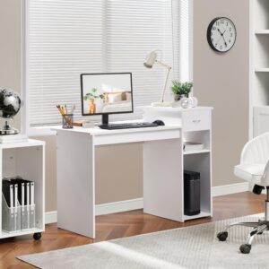 yaheetech home office computer desk with storage drawer & monitor shelf, writing pc laptop table desk study workstation furniture for small spaces, white