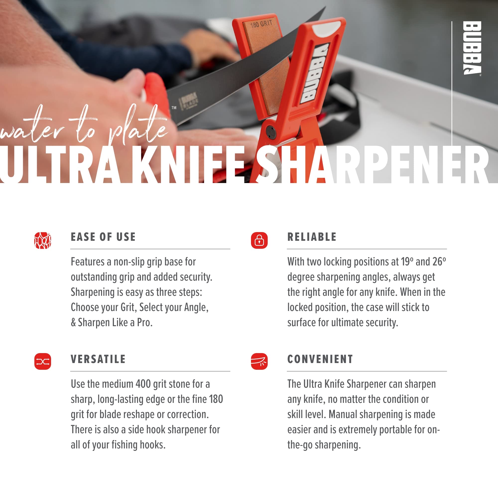 BUBBA Ultra Knife Sharpener with Non-Slip Grip Base and Sharpener Sheath for Manual Knife Sharpening for Any Blade