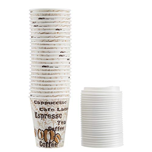 Amazon Basics Paper Hot Cups with Lids, Cafe Design, 12 oz, 100 Count