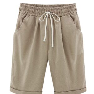 Vcansion Women's Drawstring Elastic Waist Shorts Plus Size Shorts Khaki Asian 6XL/US 16-18