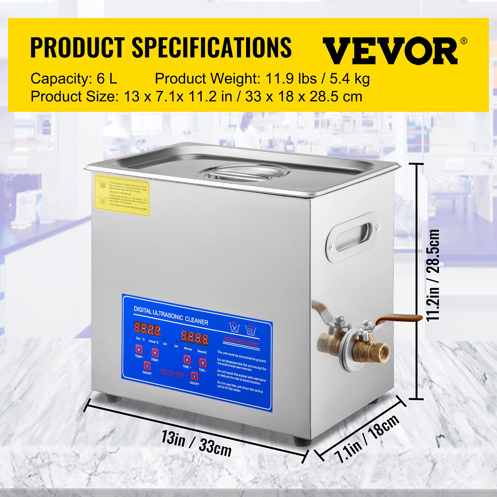 VEVOR Ultrasonic Cleaner with Digital Timer & Heater, Professional Ultra Sonic Jewelry Cleaner, Stainless Steel Heated Cleaning Machine for Glasses Watch Rings Small Parts Circuit Board (6L)