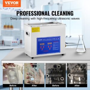 VEVOR Ultrasonic Cleaner with Digital Timer & Heater, Professional Ultra Sonic Jewelry Cleaner, Stainless Steel Heated Cleaning Machine for Glasses Watch Rings Small Parts Circuit Board (6L)