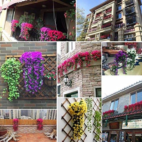 AUKUZI Artificial Hanging Flowers for Outdoor, 2 Pack Violet Ivy Fake Hanging Plant & Flowers for Home Wedding Garden Yard Hanging Baskets Wisteria Garland Orchid Bunch Decoration(Rose Red)