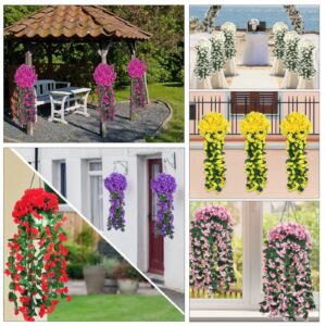 AUKUZI Artificial Hanging Flowers for Outdoor, 2 Pack Violet Ivy Fake Hanging Plant & Flowers for Home Wedding Garden Yard Hanging Baskets Wisteria Garland Orchid Bunch Decoration(Rose Red)