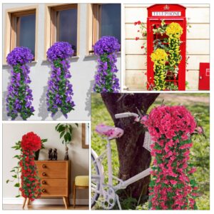 AUKUZI Artificial Hanging Flowers for Outdoor, 2 Pack Violet Ivy Fake Hanging Plant & Flowers for Home Wedding Garden Yard Hanging Baskets Wisteria Garland Orchid Bunch Decoration(Rose Red)