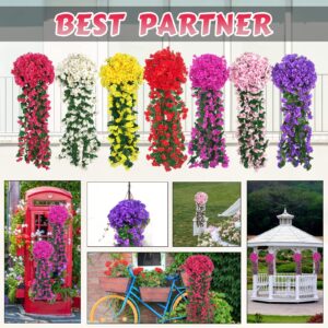 AUKUZI Artificial Hanging Flowers for Outdoor, 2 Pack Violet Ivy Fake Hanging Plant & Flowers for Home Wedding Garden Yard Hanging Baskets Wisteria Garland Orchid Bunch Decoration(Rose Red)