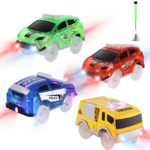 tracks cars only replacement, flex track race cars for magic tracks glow in the dark, led lights up battery operated snap n glow trax cars accessories, compatible with most car tracks for kids (4pack