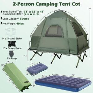 Tangkula 5-in-1 Tent Cot, 2 Person Camping Tent Combo with Awning, Air Mattress, Sleeping Bag, Air Pillow, Camping Cot, Elevated Single Cot Tent with Carrying Bag for Outdoor Hiking, Picnic, Travel