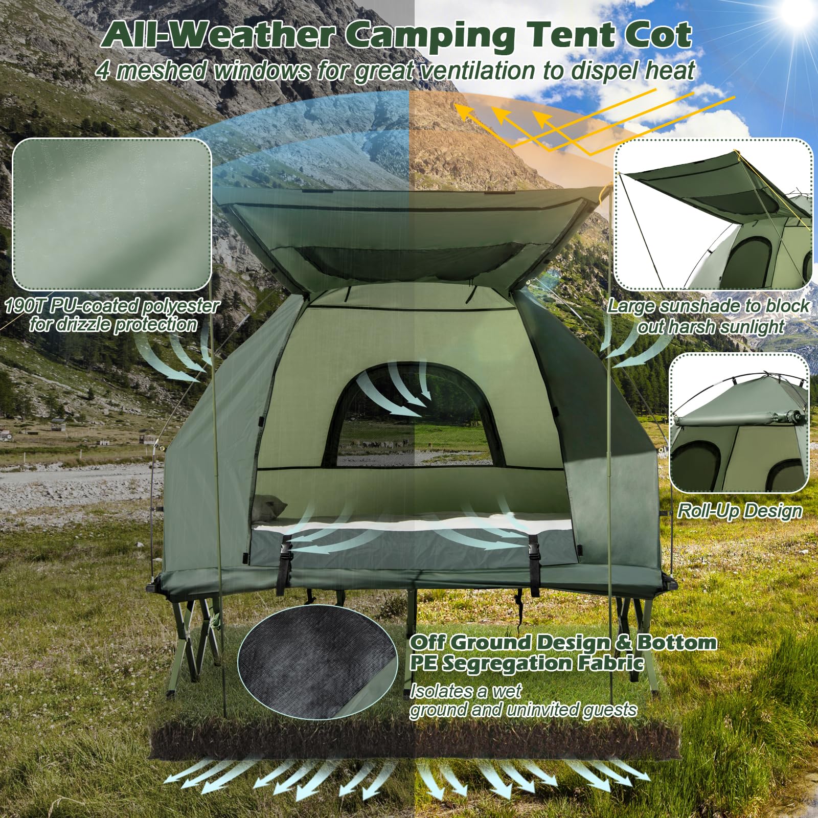 Tangkula 5-in-1 Tent Cot, 2 Person Camping Tent Combo with Awning, Air Mattress, Sleeping Bag, Air Pillow, Camping Cot, Elevated Single Cot Tent with Carrying Bag for Outdoor Hiking, Picnic, Travel