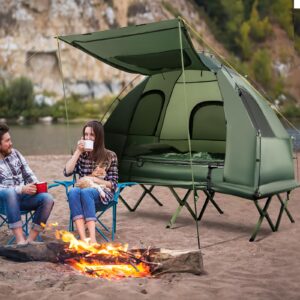 Tangkula 5-in-1 Tent Cot, 2 Person Camping Tent Combo with Awning, Air Mattress, Sleeping Bag, Air Pillow, Camping Cot, Elevated Single Cot Tent with Carrying Bag for Outdoor Hiking, Picnic, Travel