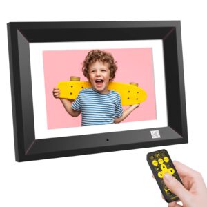 kodak 10.1 inch wood digital picture frame with remote control, ips screen hd display, auto-rotate, wall mountable, programmable auto on/off, enjoy your precious moment in slideshow, black