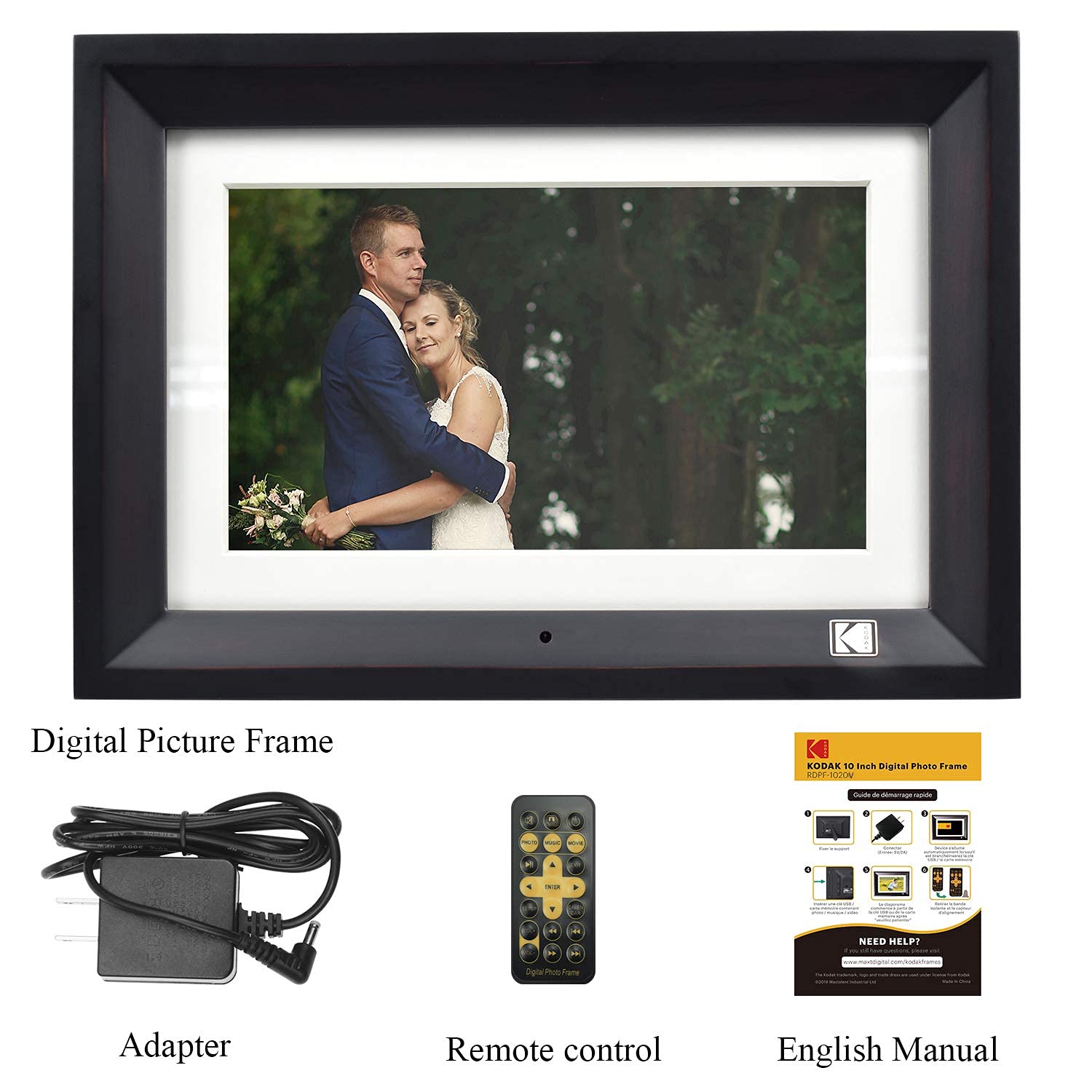 KODAK 10.1 Inch Wood Digital Picture Frame with Remote Control, IPS Screen HD Display, Auto-Rotate, Wall Mountable, Programmable Auto On/Off, Enjoy Your Precious Moment in Slideshow, Black