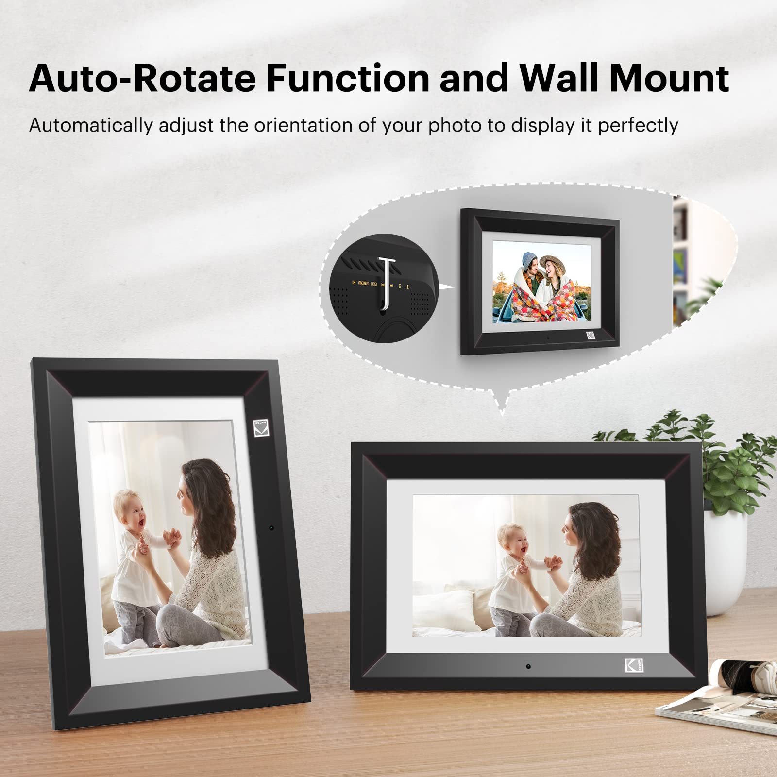 KODAK 10.1 Inch Wood Digital Picture Frame with Remote Control, IPS Screen HD Display, Auto-Rotate, Wall Mountable, Programmable Auto On/Off, Enjoy Your Precious Moment in Slideshow, Black