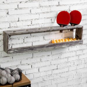 mygift wall mounted torched wood table tennis rack for ping pong paddles and balls storage shelf