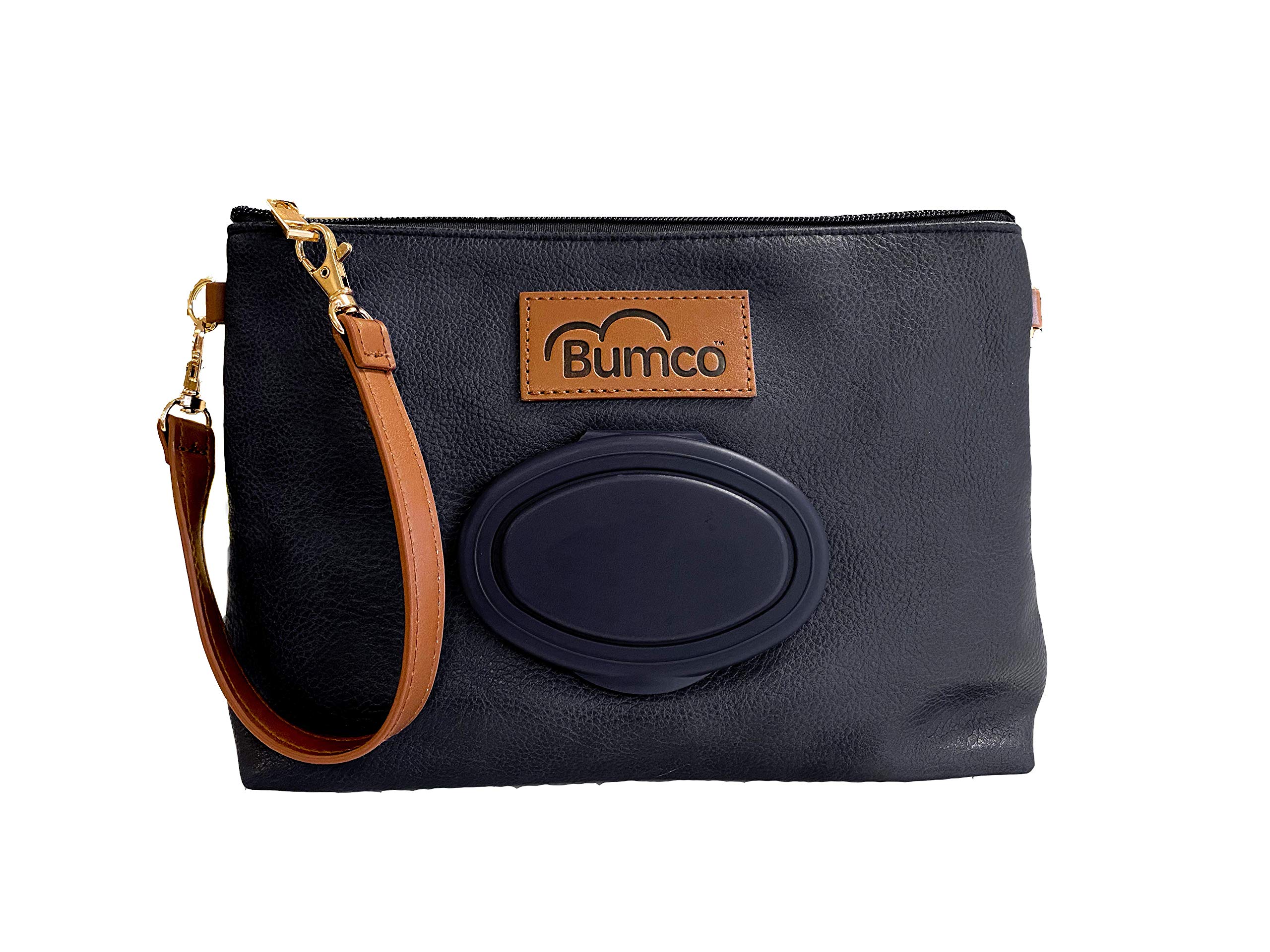 Bumco Diaper Clutch Bag - Portable Wipes Dispenser & Diaper Holder, Airtight Travel Baby Wipes Case, Leather-Style Wipe Dispenser Travel Baby Wipes Dispenser On the Go, Diaper Wristlet (Black)