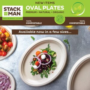 100% Compostable Oval Paper Plates [50-Pack] - {PFAS-Free} - {BPI Certified} - [12 Inch] Heavy Duty, Eco-Friendly, Biodegradable Bagasse Platters - Natural Brown 12" Oval Platter Plates by Stack Man