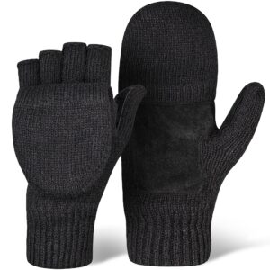 OutdoorEssentials Fingerless Winter Gloves Convertible Mittens for Men & Women - Warm Knit Flip Top Wool Mitten Gloves