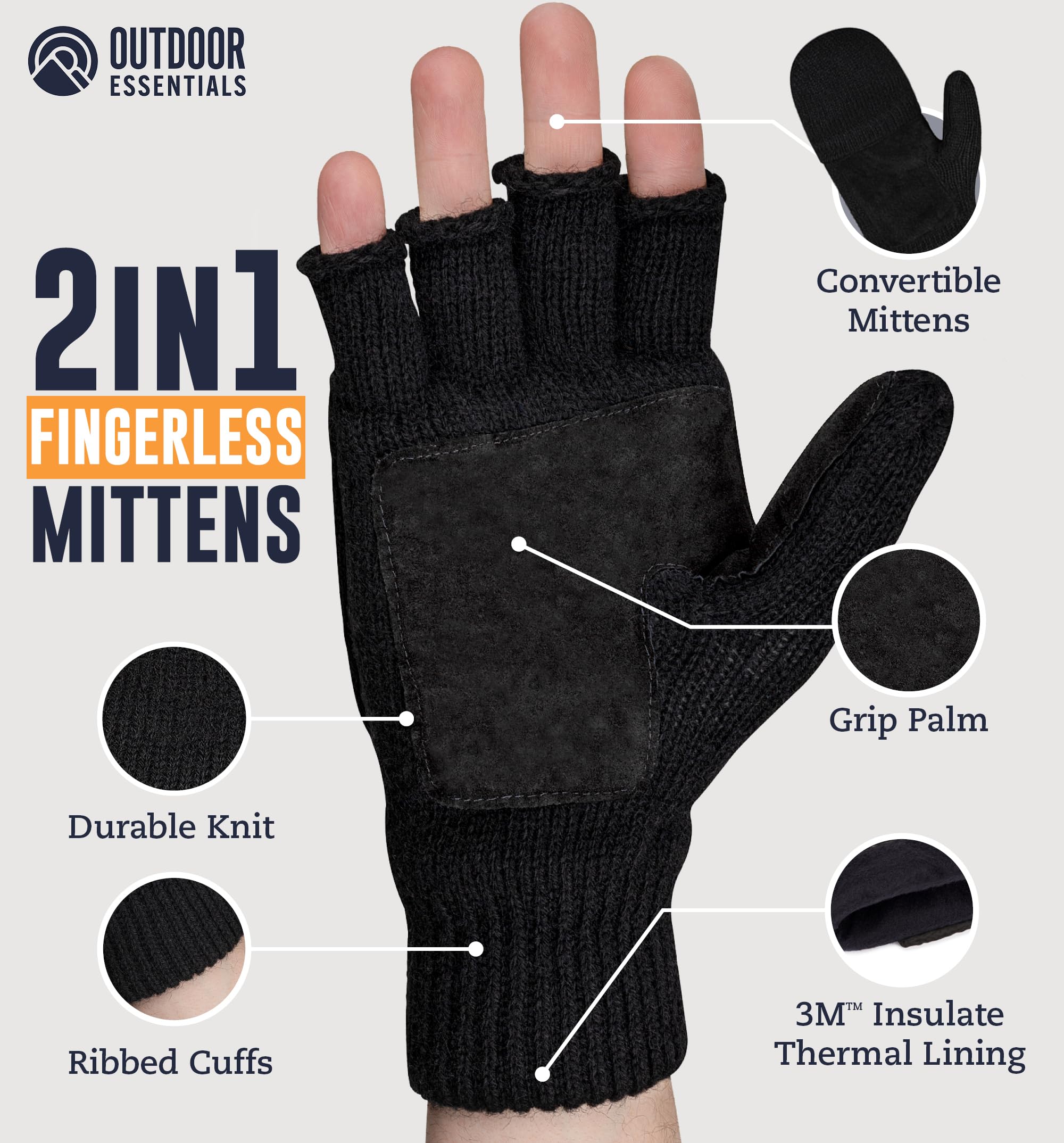 OutdoorEssentials Fingerless Winter Gloves Convertible Mittens for Men & Women - Warm Knit Flip Top Wool Mitten Gloves