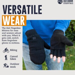 OutdoorEssentials Fingerless Winter Gloves Convertible Mittens for Men & Women - Warm Knit Flip Top Wool Mitten Gloves