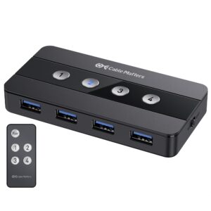 cable matters 4 port usb 3.0 switch usb sharing switch for 4 computers and usb peripherals - button or wireless remote control switching - includes a usb-c adapter for usb-c usb4 and thunderbolt 4