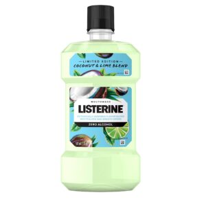 listerine zero alcohol mouthwash, oral rinse kills up to 99% of bad breath germs, limited edition coconut lime flavor, 500 ml