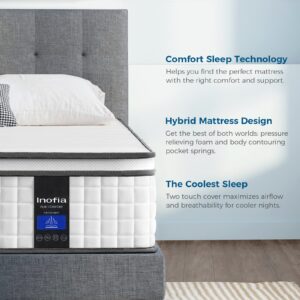 Inofia Queen Mattress, 10 Inch Queen Size Mattresses, Layers of Cool Memory Foam with Motion Individually Pocket Coils, Breathable Comfortable Hybrid Mattress, Supportive & Pressure Relief for Couples