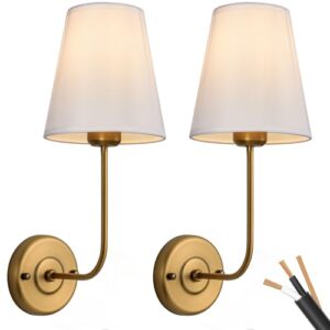 passica decor hardwired wall sconces set of 2 pack antique brass vintage industrial wall lamp light fixture with flared white fabric shade for living room bedrooms bedside reading fireplace farmhouse