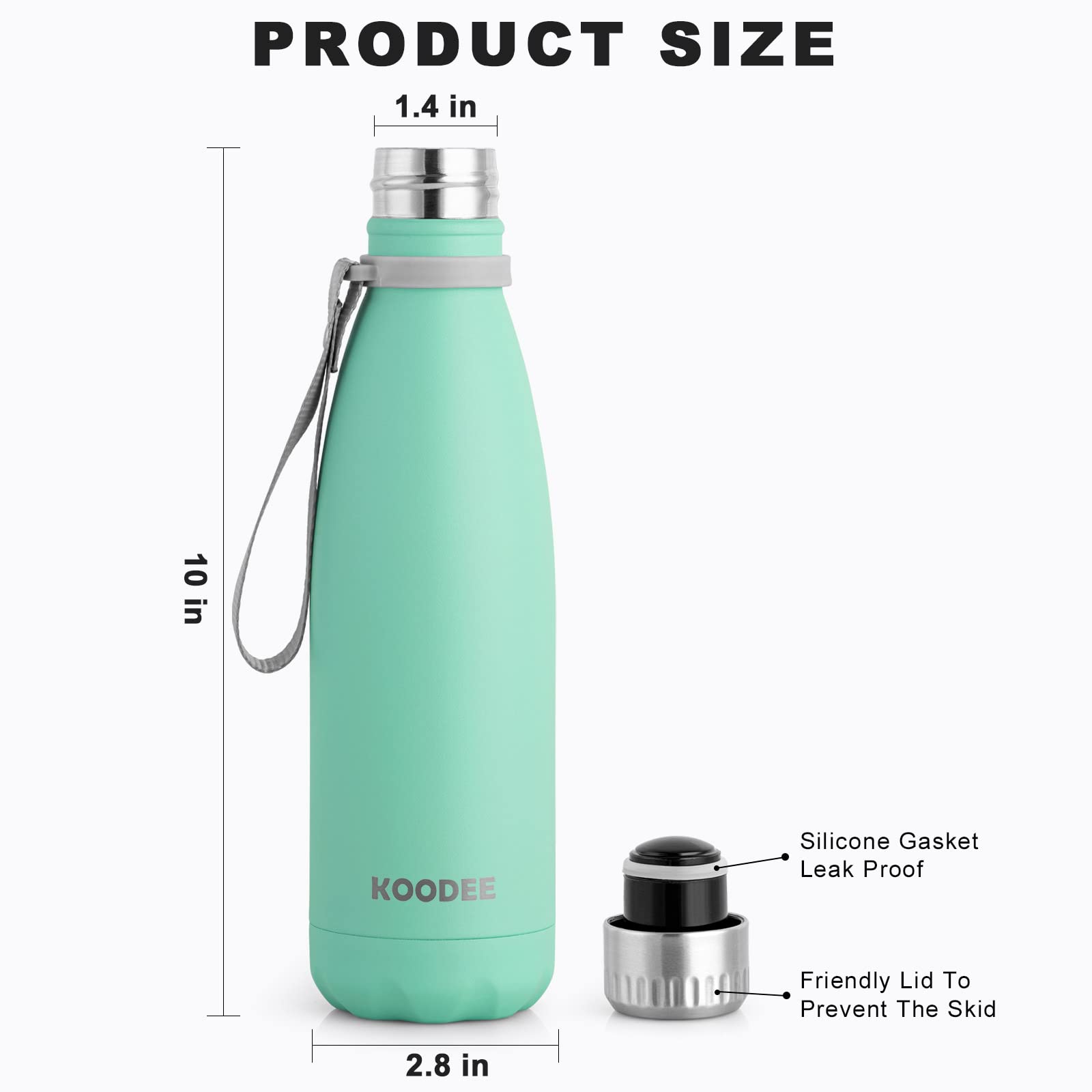 koodee Water Bottle 17 oz Stainless Steel Double Wall Vacuum Insulated Sports Water Bottle Leak-Proof Cola Shape Travel Water Flask (Aquamarine Blue)