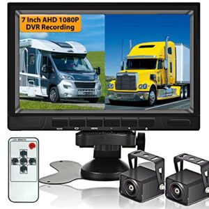 ahd dual backup camera with 7'' 1080p dvr monitor, front and rear view camera waterproof night vision reversing camera for truck pick up rv camper bus 12v-36v