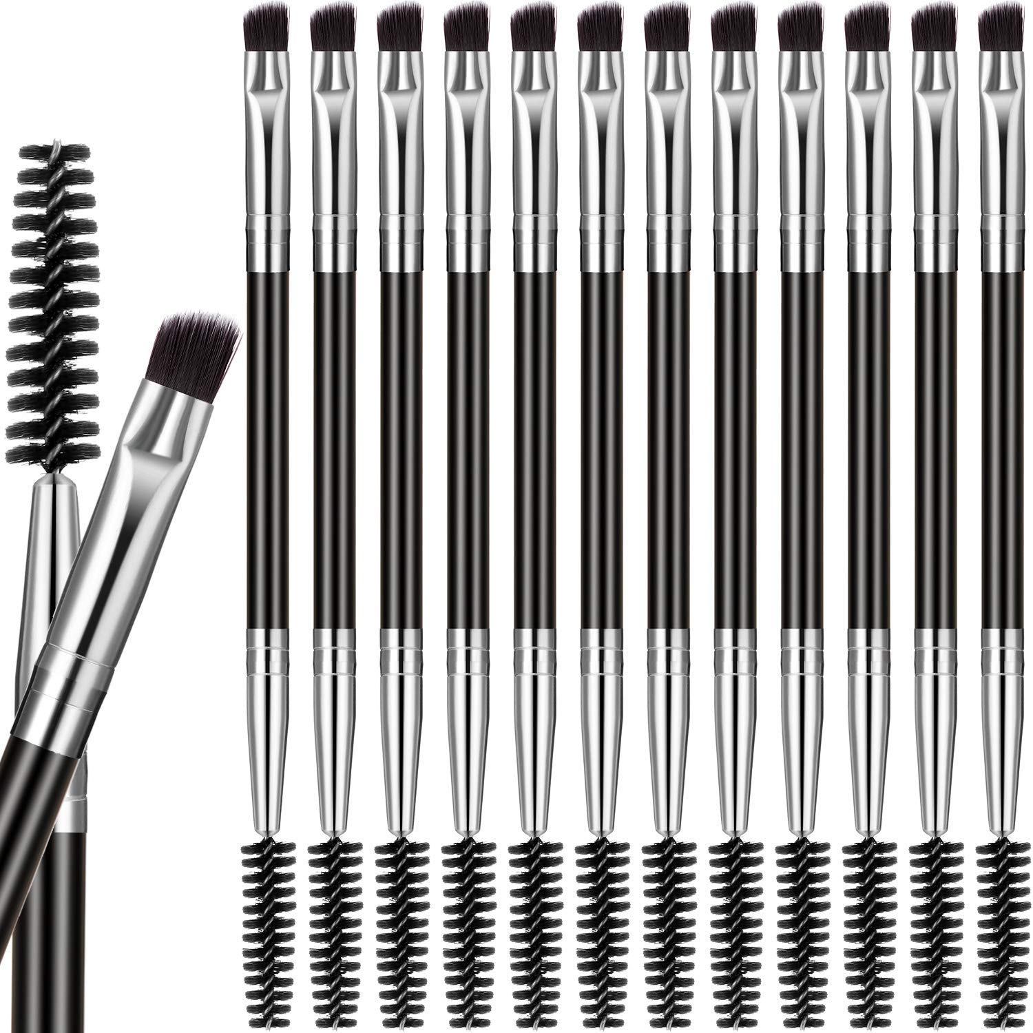 12 Packs Duo Eyebrow Brush, Spoolie Brush and Angled Brow Brush, Multi-functional Mini Eyelash Brush for Tinting Angled Eyebrow, Suitable for Cream Gel (Silver)