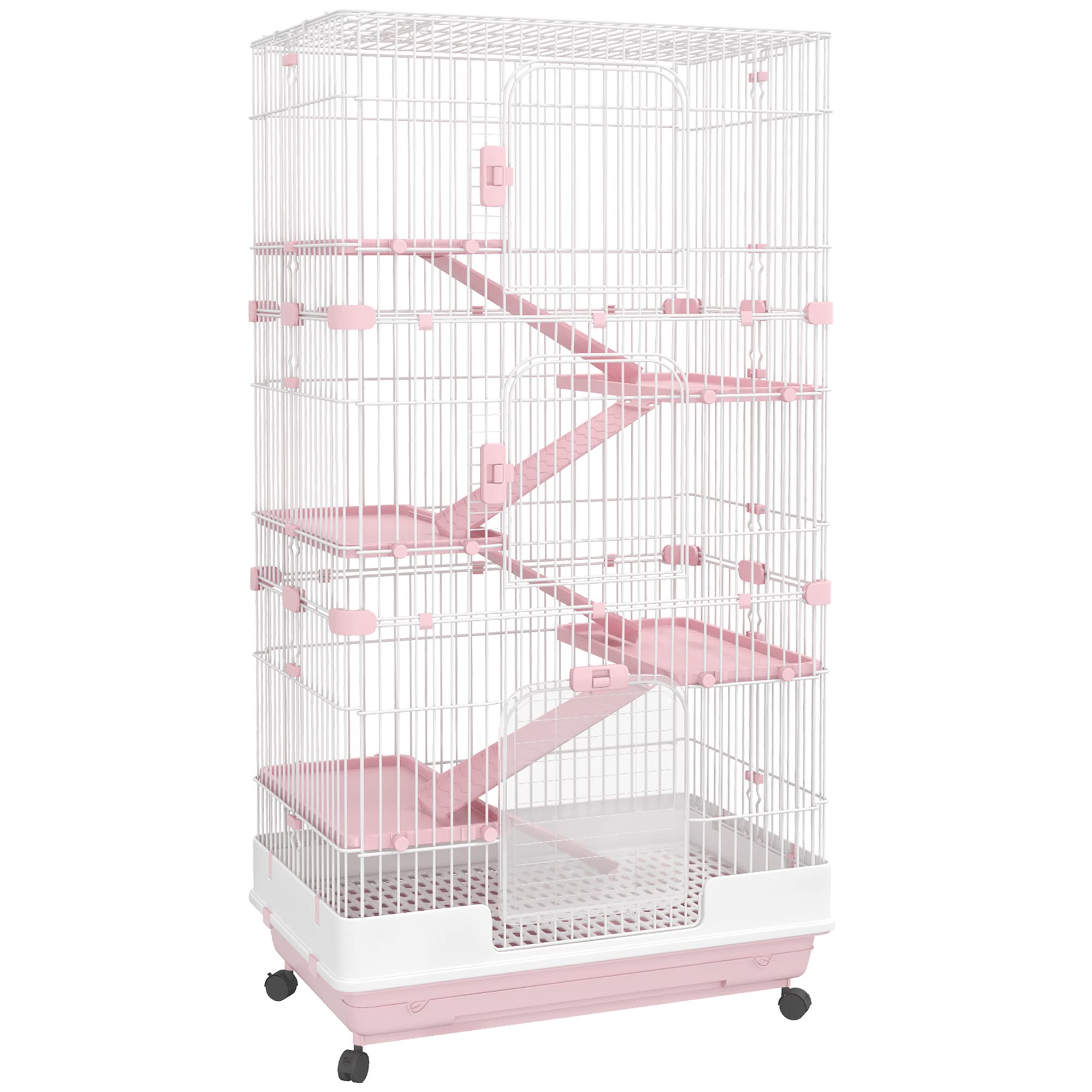 PawHut 6-Level Small Animal Cage Rabbit Hutch with Wheels, Removable Tray, Platform and Ramp for Bunny, Chinchillas, Ferret, Pink