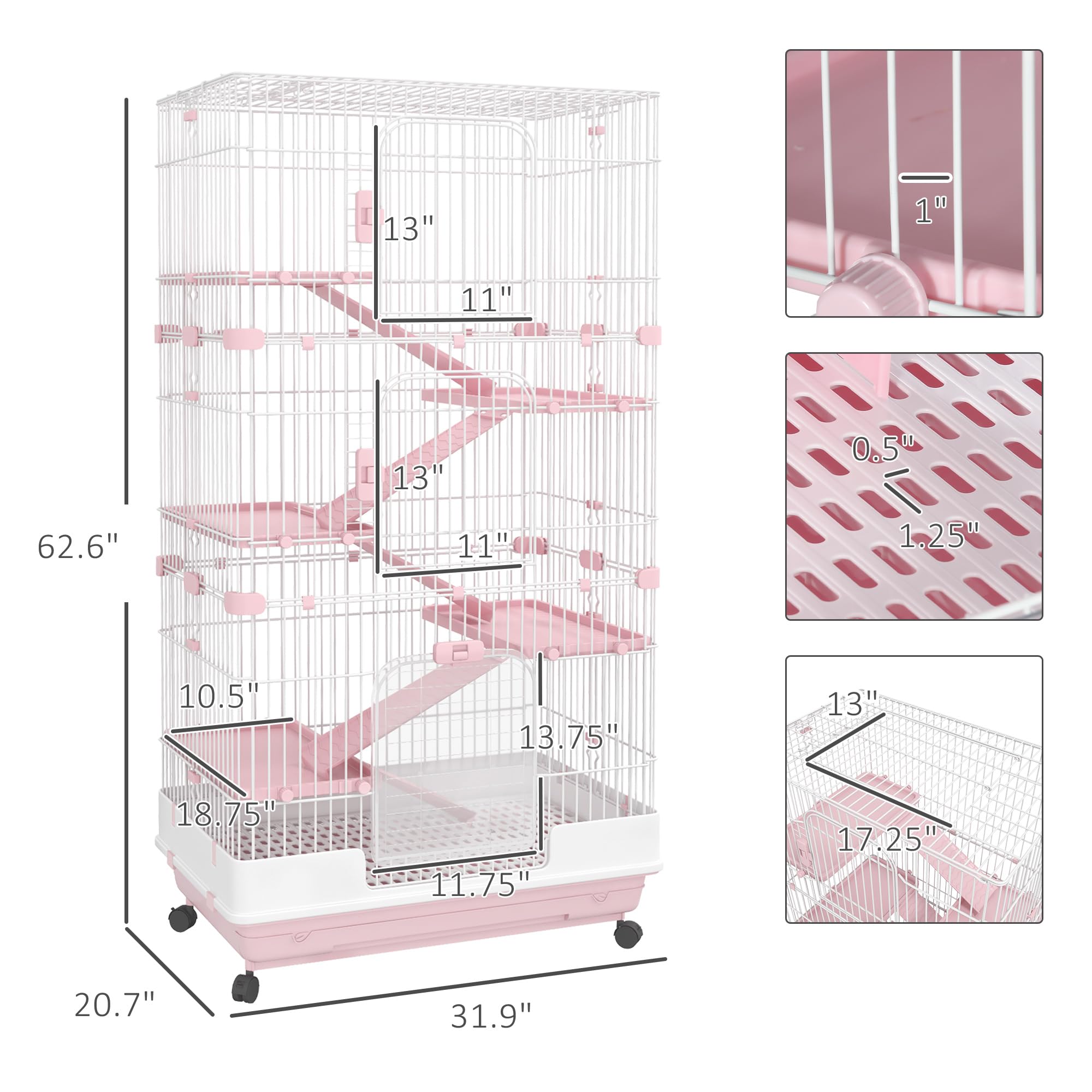 PawHut 6-Level Small Animal Cage Rabbit Hutch with Wheels, Removable Tray, Platform and Ramp for Bunny, Chinchillas, Ferret, Pink