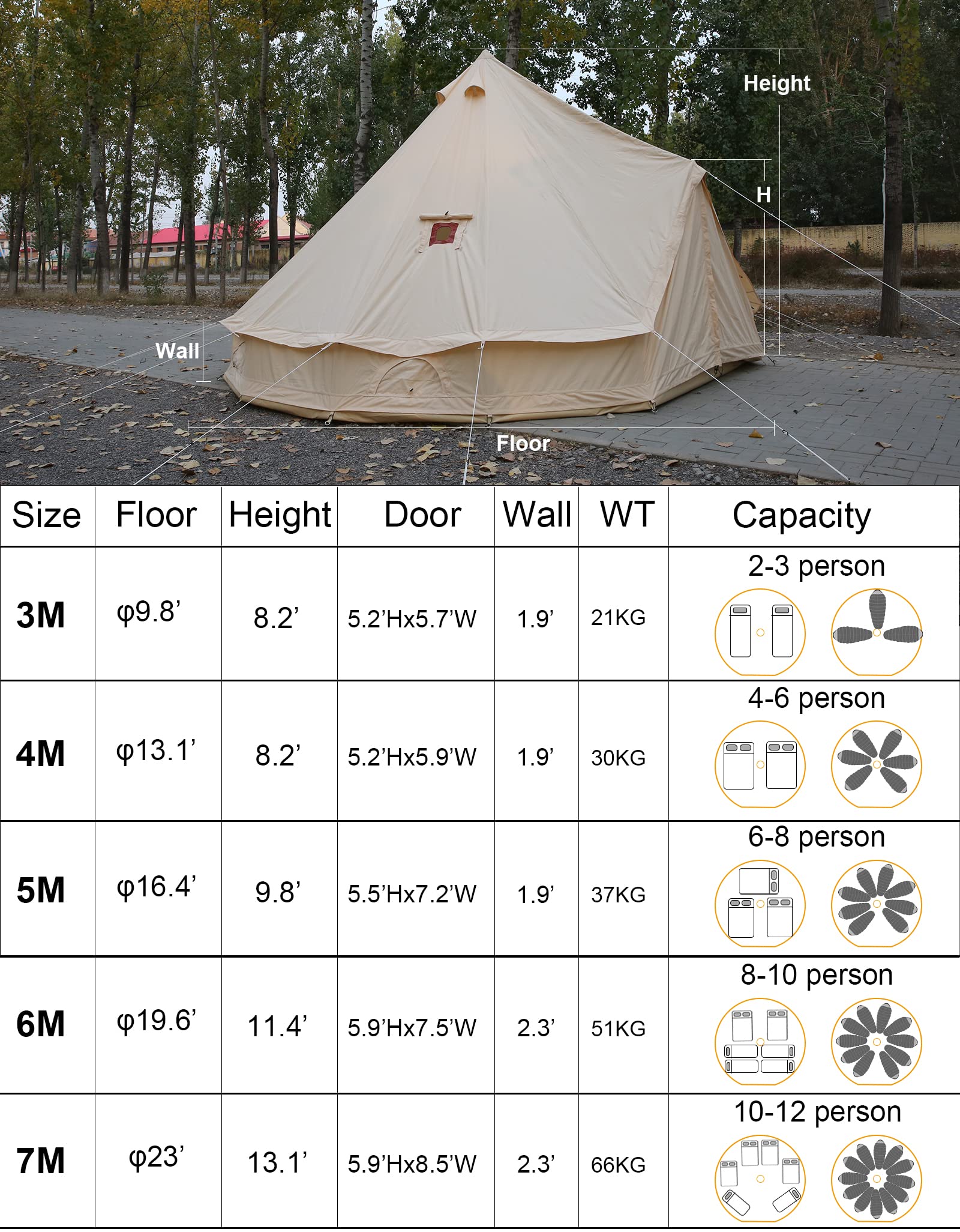 WINTENT Waterproof 4 Season Cotton Canvas Bell Tent with Stove Hole and Electric Cable Hole for 4/6/8/10/12 Persons (Cotton Tent, 3M/9.84ft)